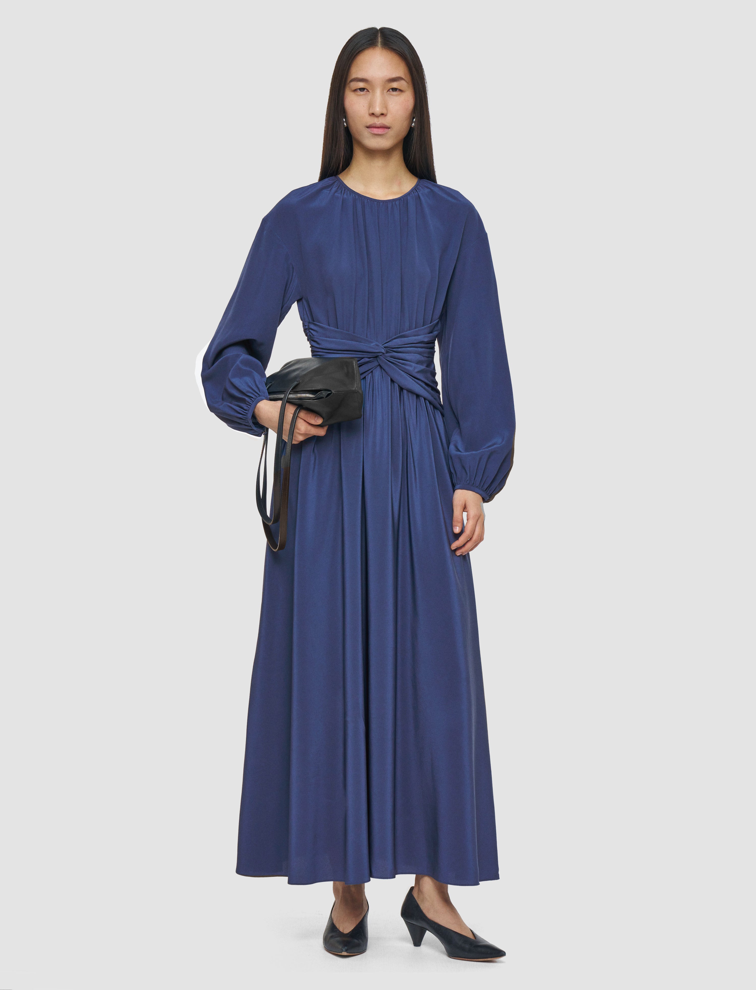 Leila Crepe de Chine Knot Silk Dress in Blue | JOSEPH GB